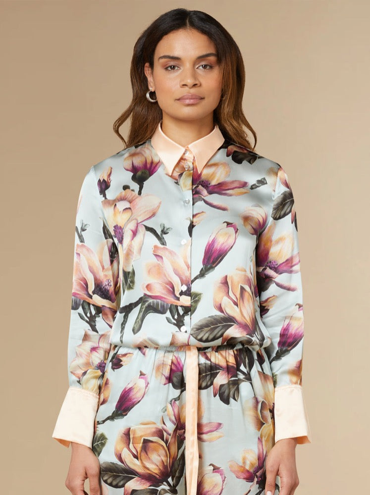 Womens pale blue silk shirt with floral print by KAYLL - Ideal for the ...